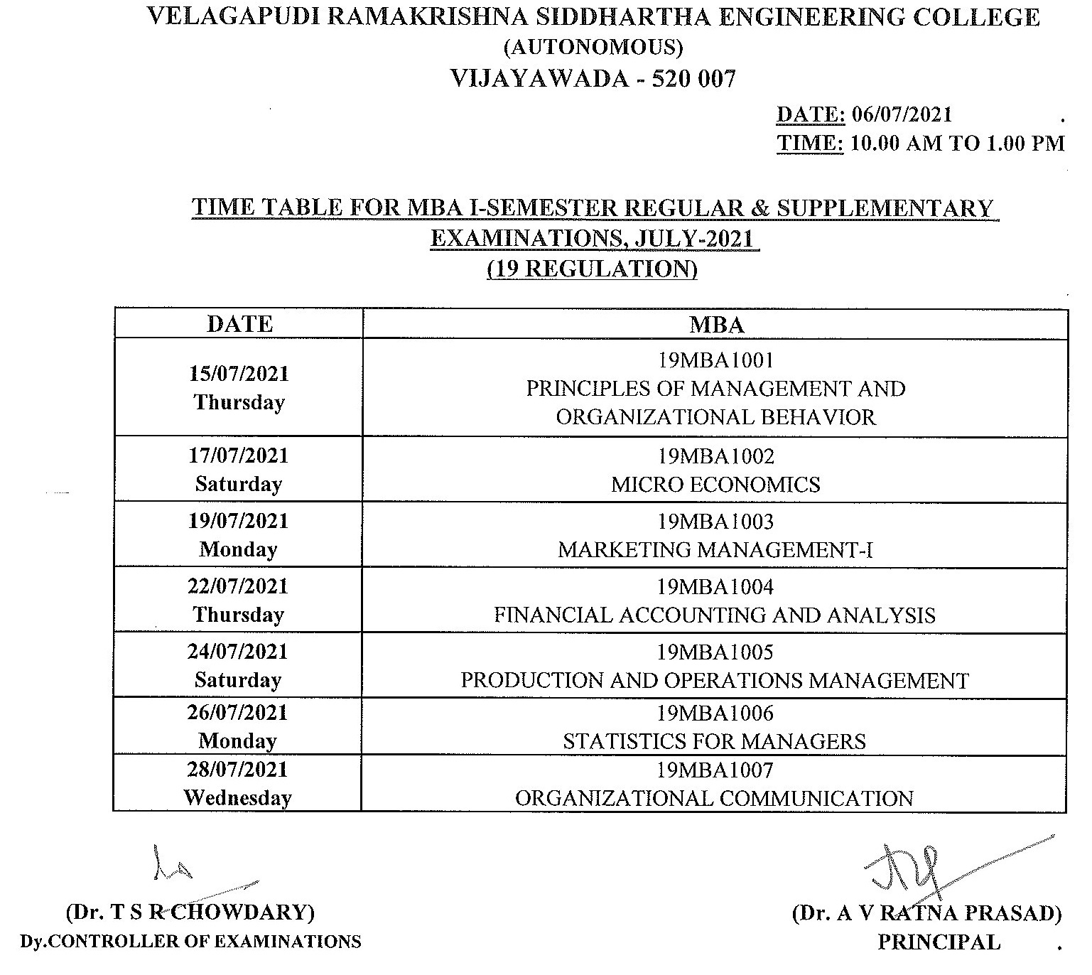 Timetable For MBA I Semester 19 Regulation Regular Supplementary Timetable For MBA I Semester 19 Regulation Regular Supplementary
