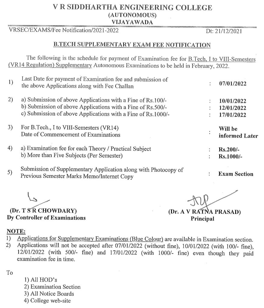Exam Fee Notification For B Tech I To VIII Semesters VR14 Exam Fee Notification For B Tech I To VIII Semesters VR14
